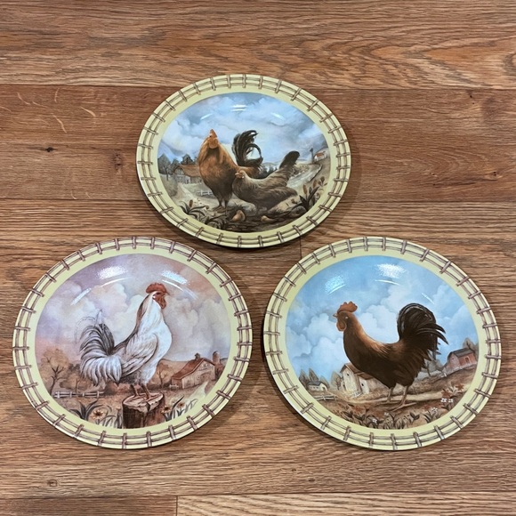 Accents | 3 Decorative Rooster Hen Plates Fence Border Farm Charm ...